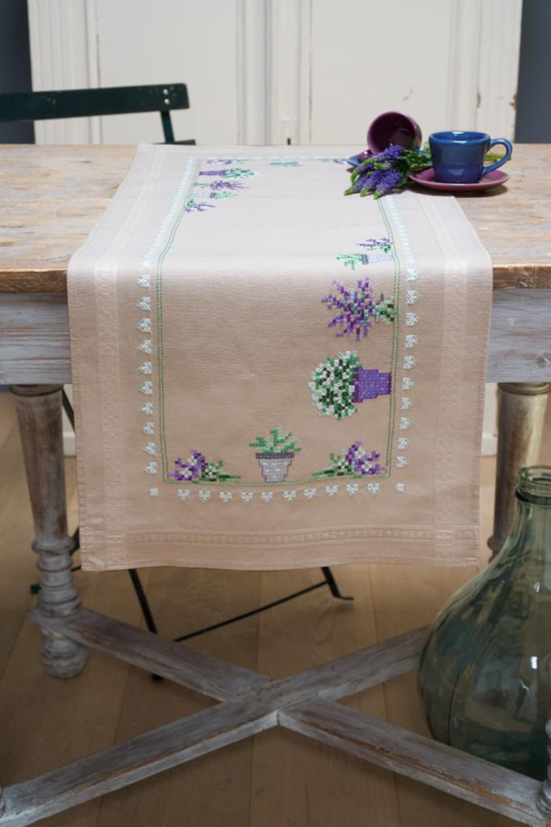 DIY Printed Table Runner Kit "lavender", Printed Cross Stitch Kit ...