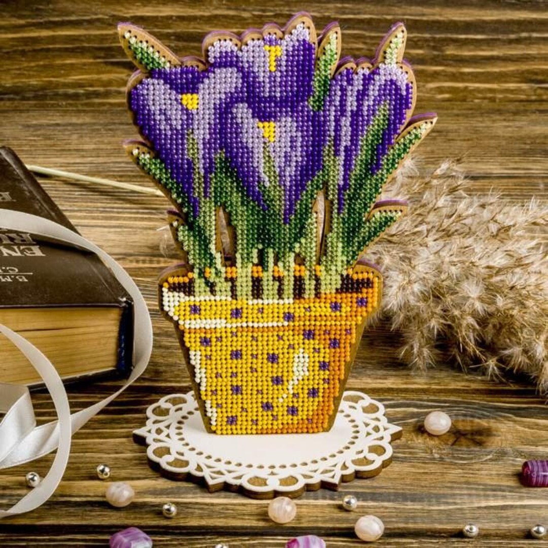 DIY Bead Embroidery Kit on Wood - "crocus" | Handmade Beaded Décor ...