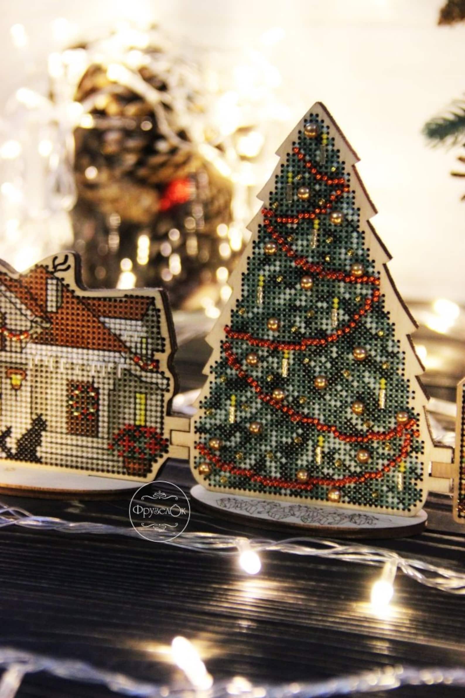DIY Cross Stitch Kit on Wood christmas Tree - Etsy