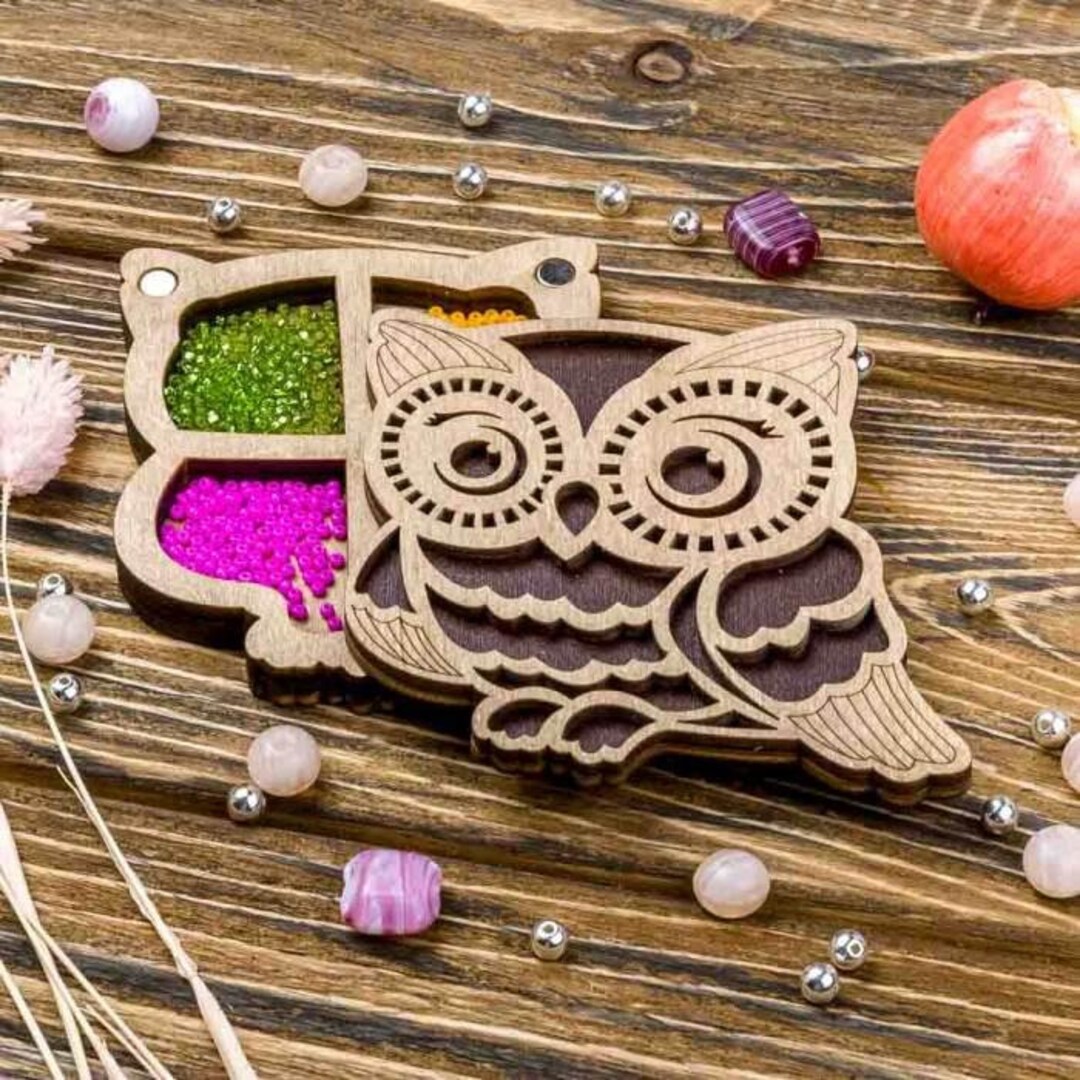 Wood Bead Organizer Tray With Wooden Lid "owl", Seed Bead Storage ...