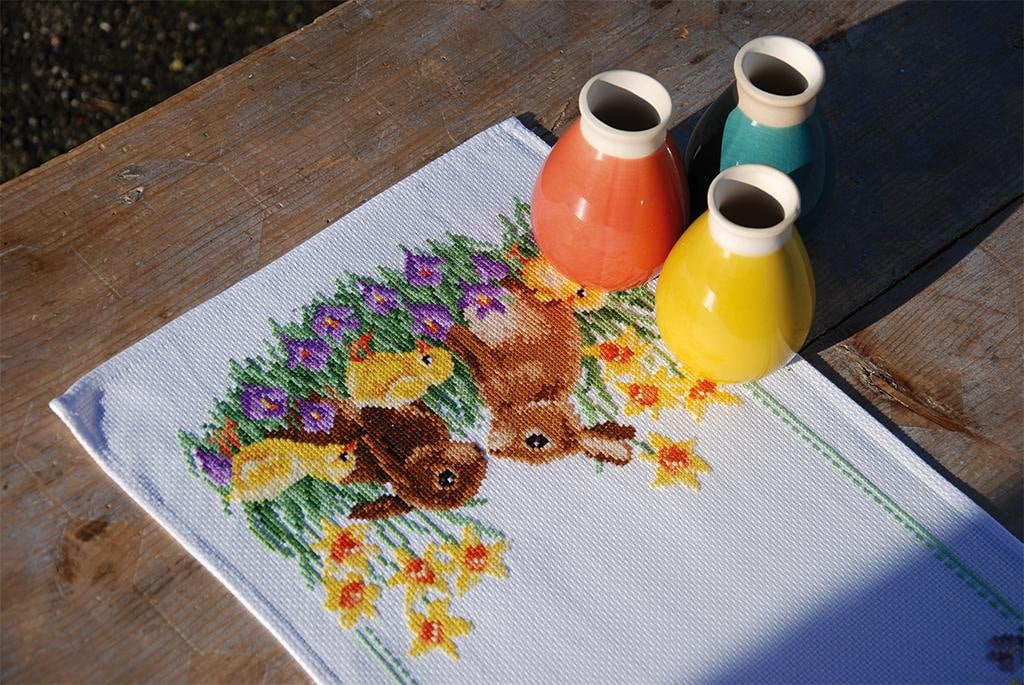 DIY Aida Table Runner Kit "rabbits With Chicks", Counted Cross Stitch ...