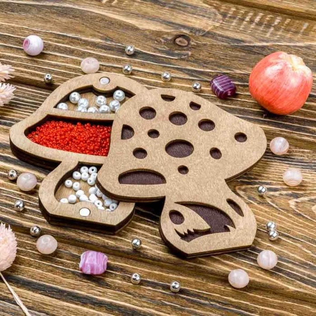 Wood Bead Organizer Tray With Wooden Lid "mushroom", Seed Bead Storage ...