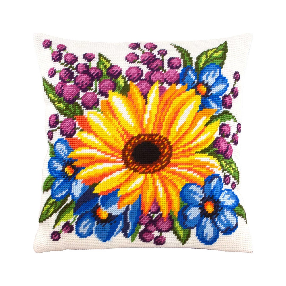 DIY Needlepoint Pillow Kit sunflower Among Flowers, Tapestry Cushion ...