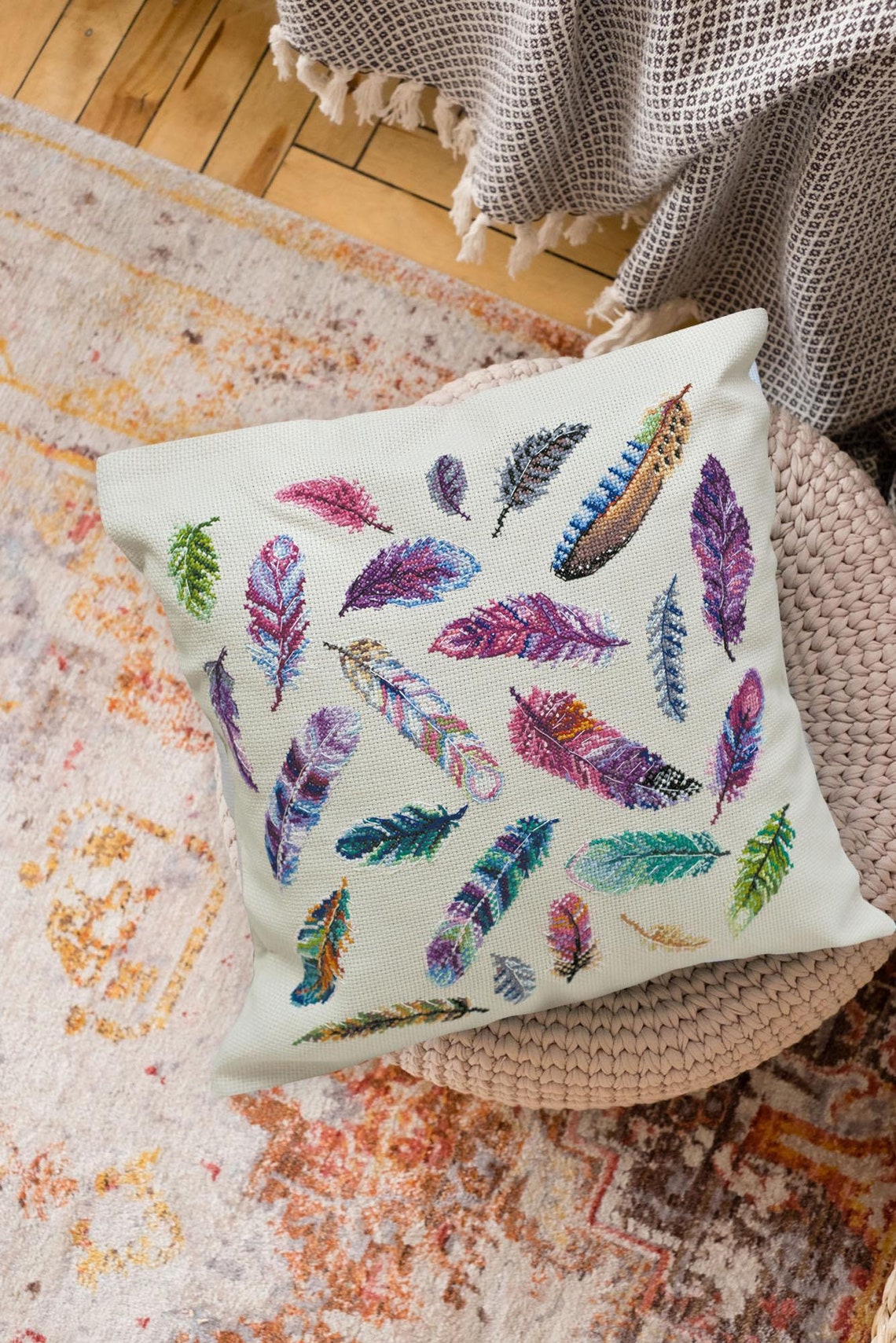 DIY Counted Cross Stitch Pillow Kit feathers - Etsy