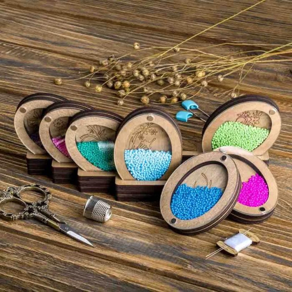 Set of Mini Seed Bead Containers With a Stand "ovals", Wood Bead ...