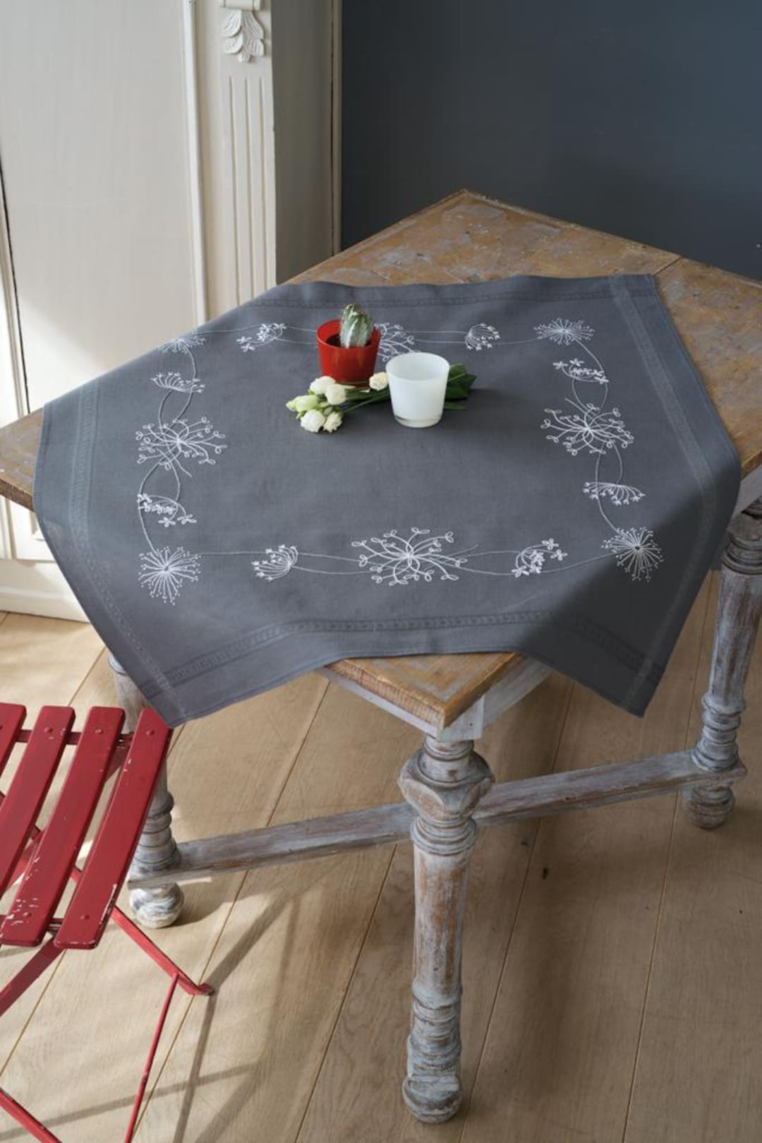 DIY Printed Tablecloth Kit "white Flowers", Printed Cross Stitch Kit ...