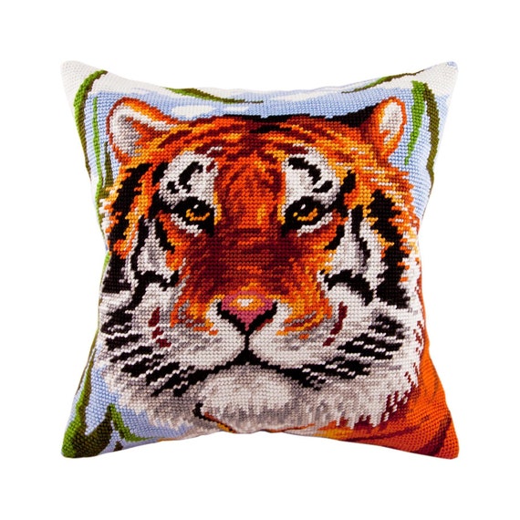 DIY Needlepoint Pillow Kit tiger Tapestry Cushion | Etsy