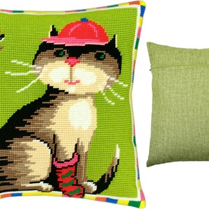 DIY Needlepoint Pillow Kit "a Cat and a Mouse", Tapestry Cushion Kit ...