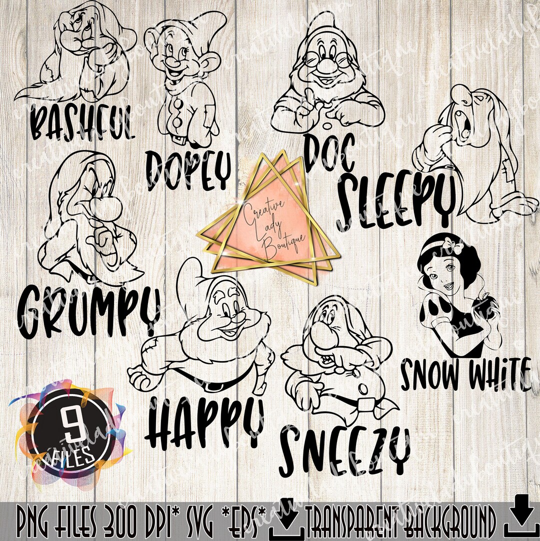 Snow White and 7 Dwarf 9 PNG, SVG, EPS Files Bundle Outline Digital ...