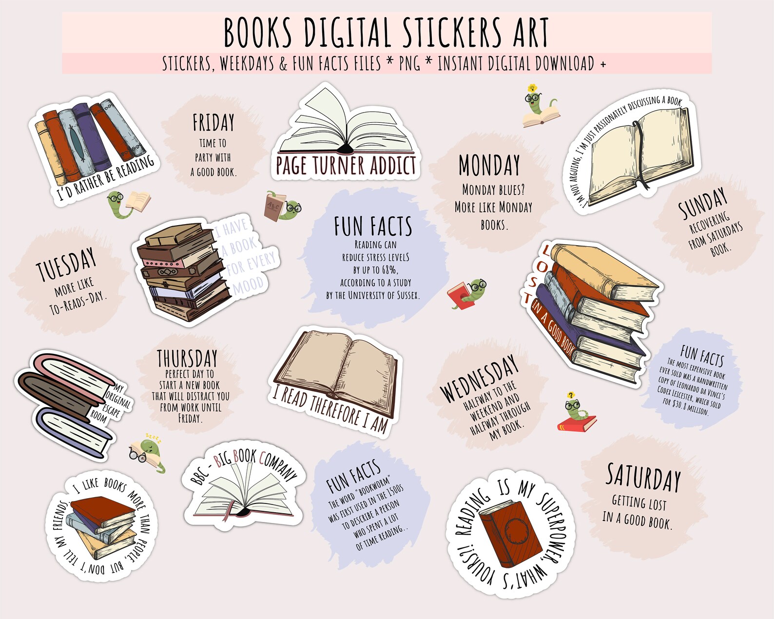 BOOKS Digital Stickers, Reading Stickers, Pre-cropped Digital Planner ...