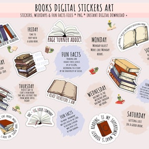 BOOKS Digital Stickers, Reading Stickers, Pre-cropped Digital Planner ...