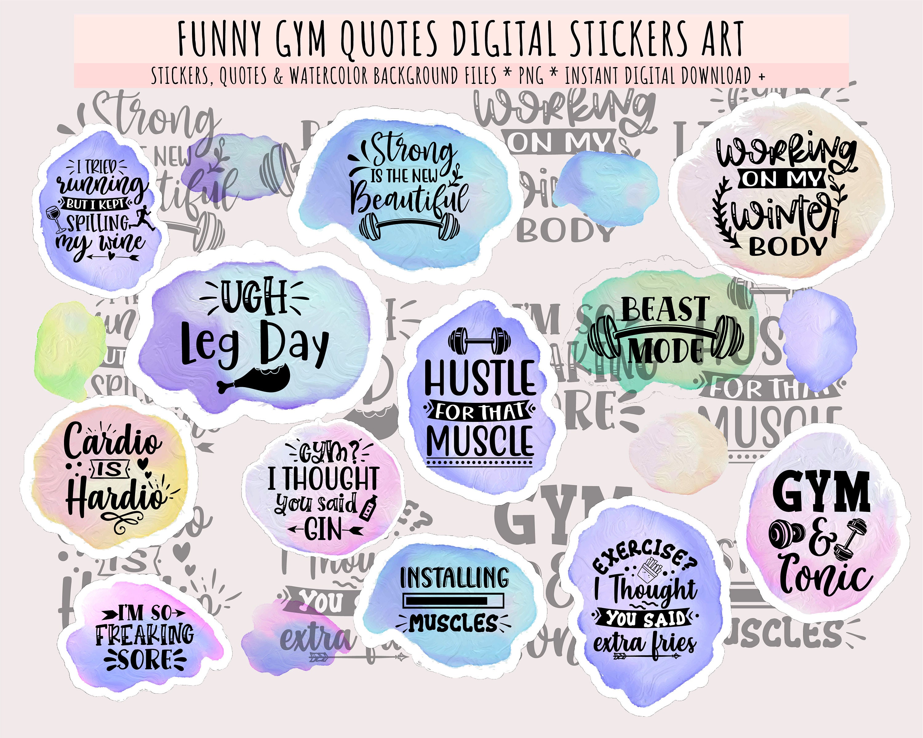 FUNNY GYM QUOTES Digital Stickers, Training Stickers, Watercolor ...