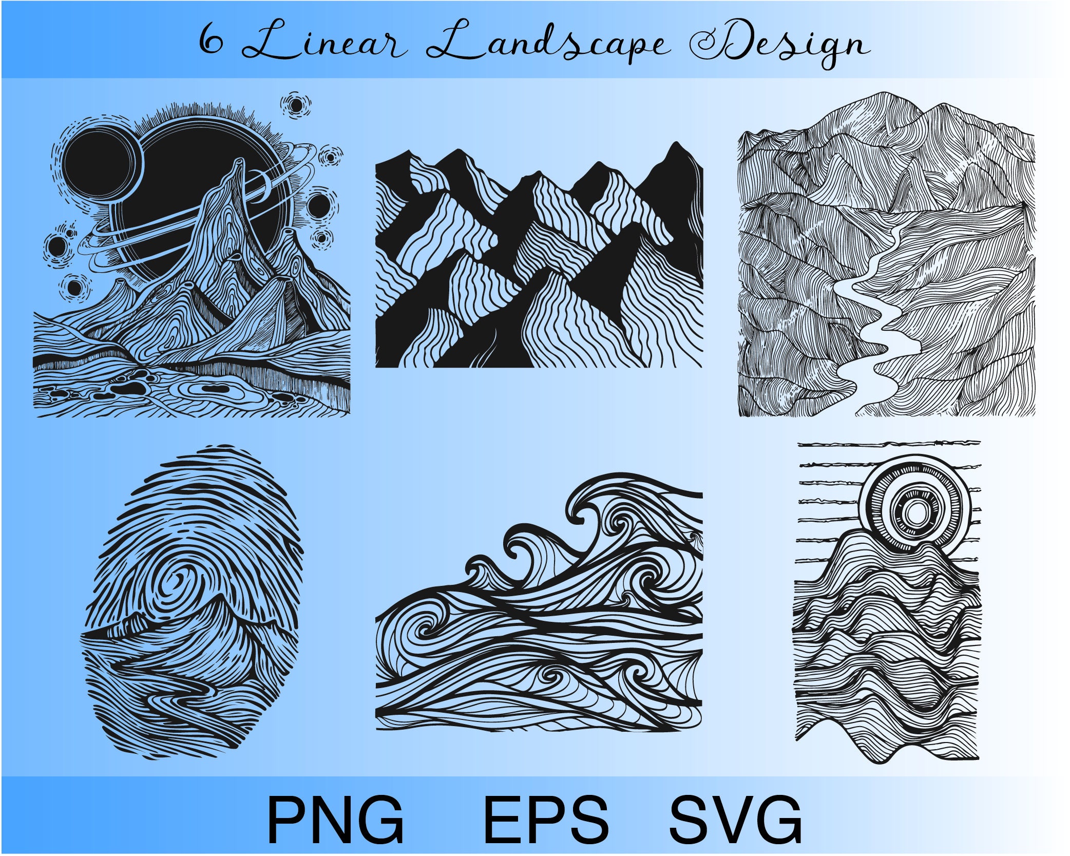 Linear Landscape design SVG landscape line art Mountain | Etsy