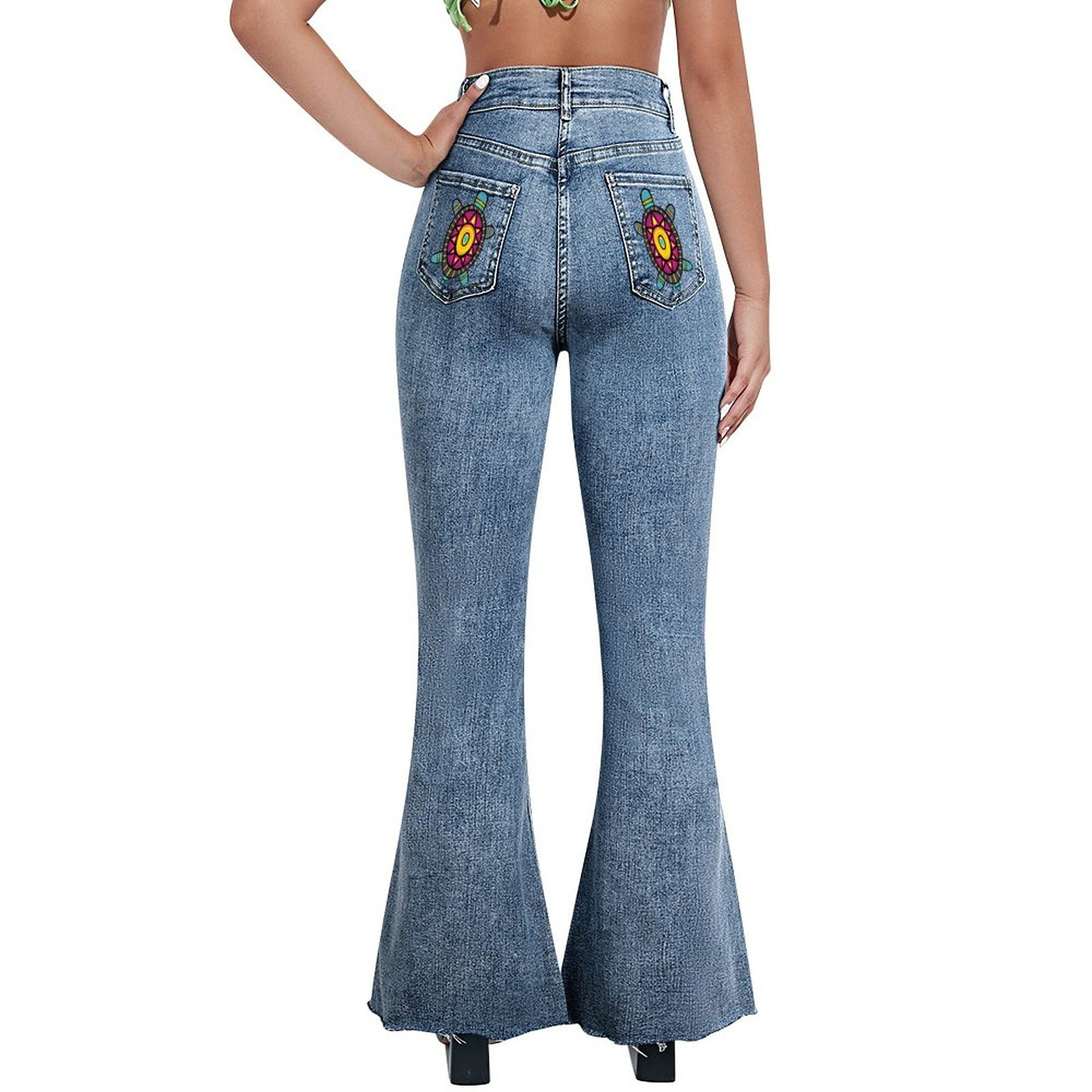 High Waisted Flared Jeans Color Stylized Turtle With - Etsy