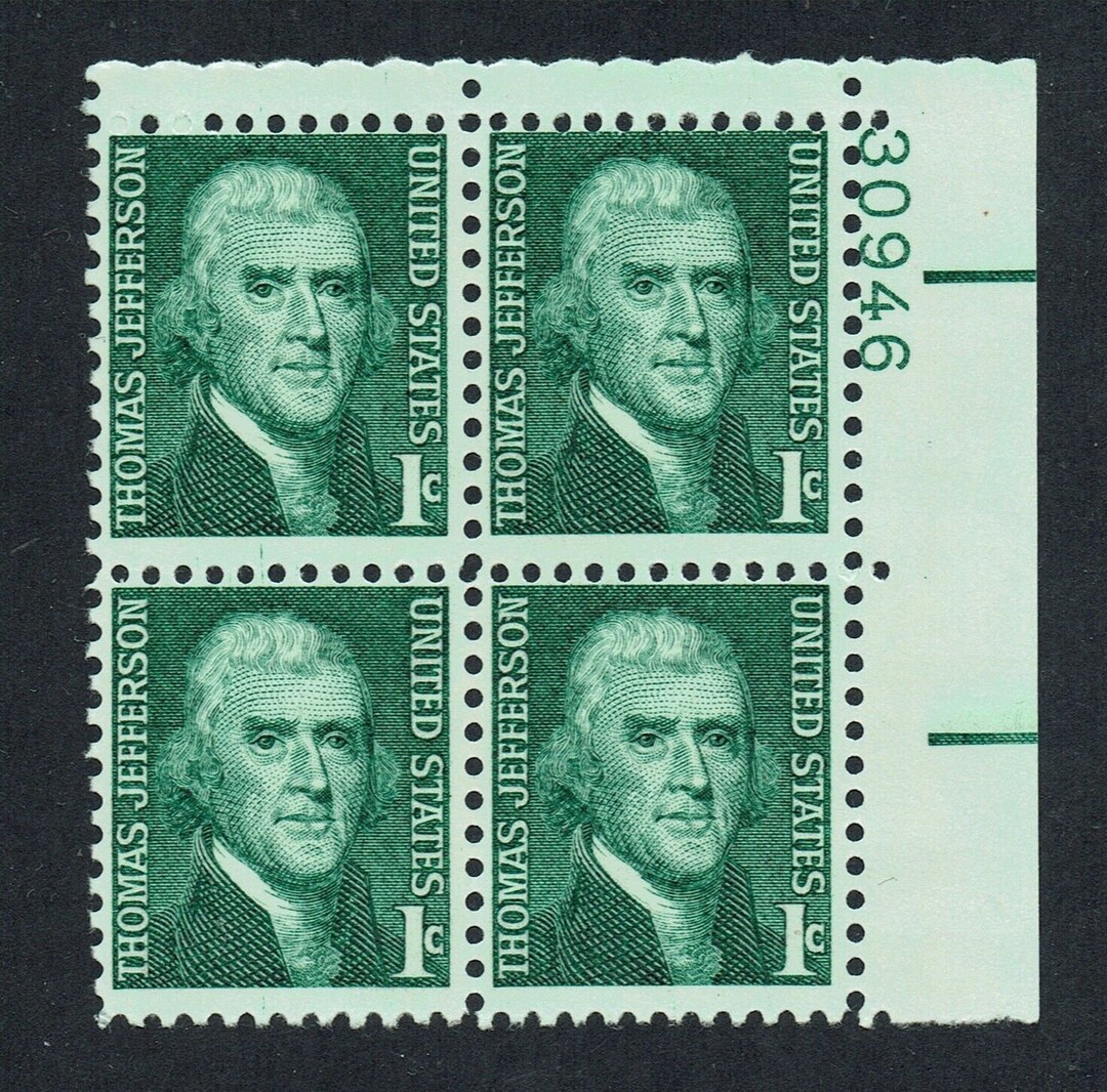 1968 Thomas Jefferson Plate Block of 4 1c Postage Stamps, Sc 1278, MNH ...