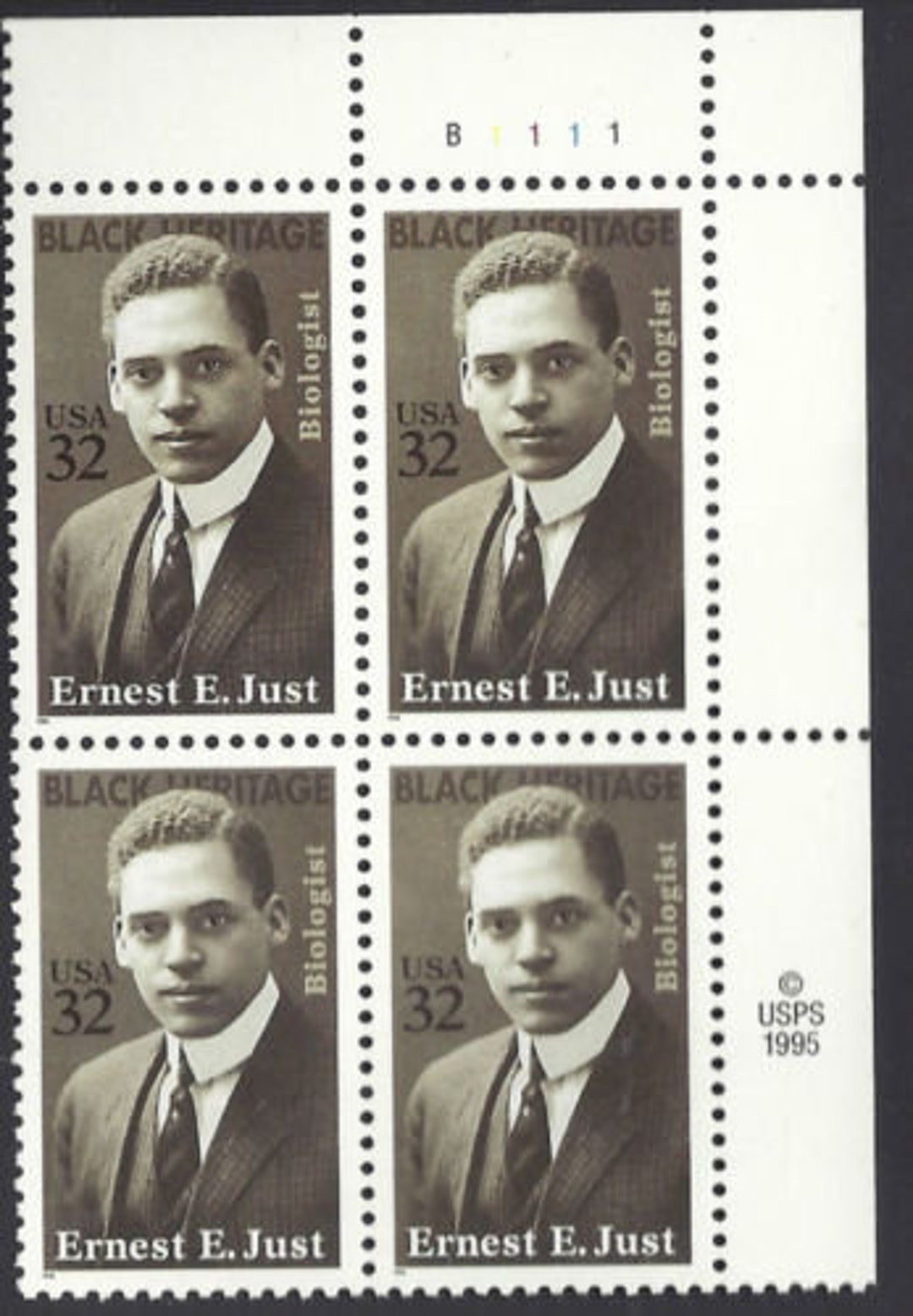1996 Ernest E. Just Black Heritage Plate Block of 4 32c Stamps, Sc#3058 ...