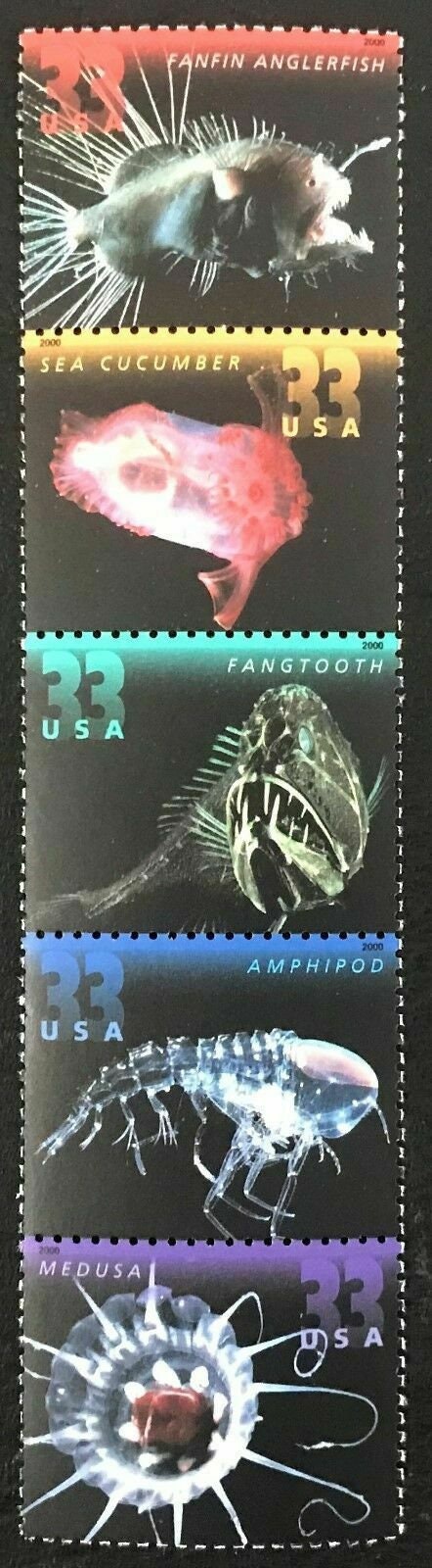 2000 Deep Sea Creatures Strip of 5 33c Postage Stamps, Sc 3443, MNH, OG ...