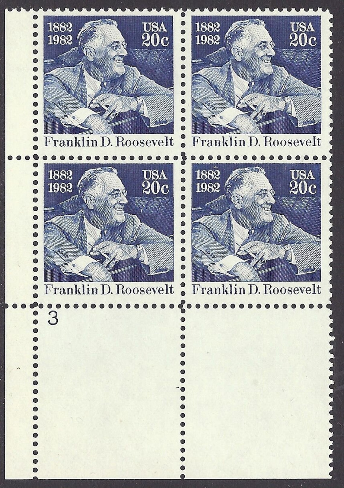 1982 Franklin D Roosevelt Plate Block Of 4 20c Postage Stamps | Etsy