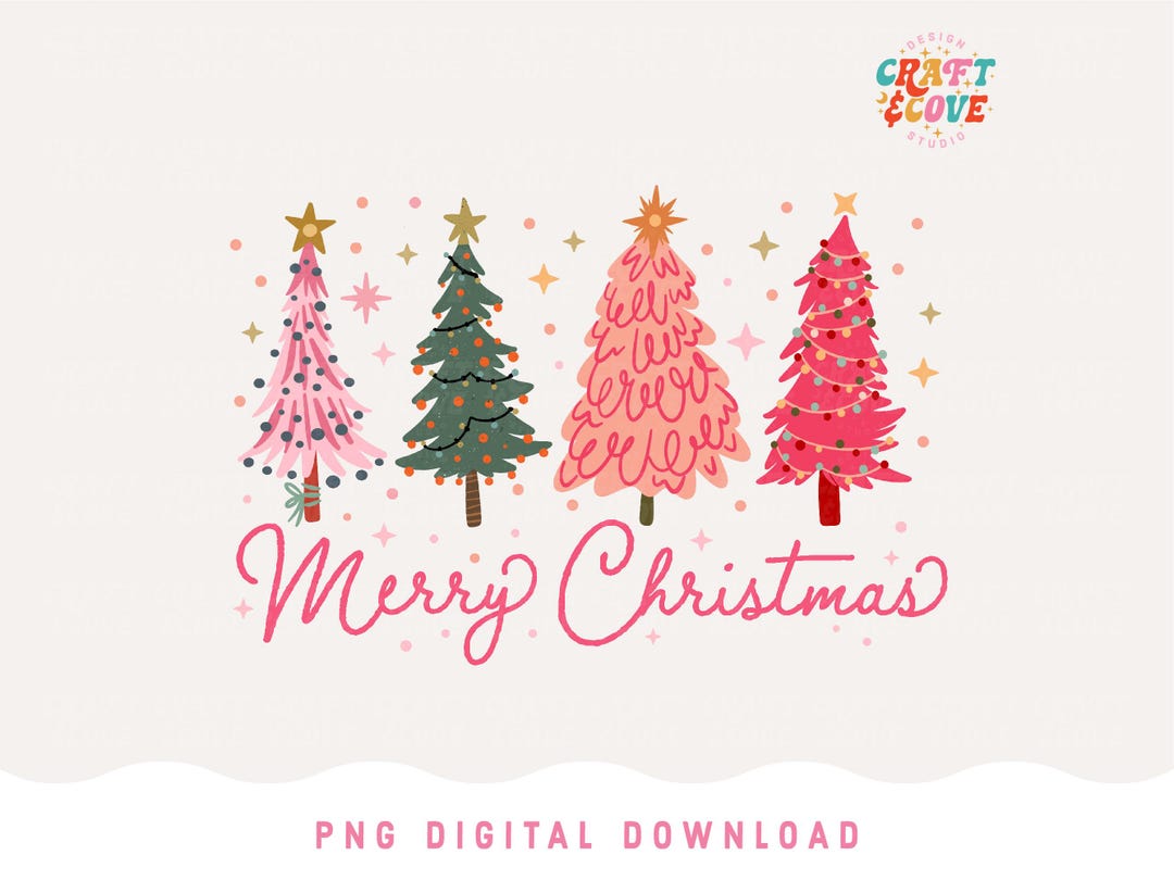Pink Merry Christmas PNG, Hand Drawn Trees Sublimation File, Boho ...