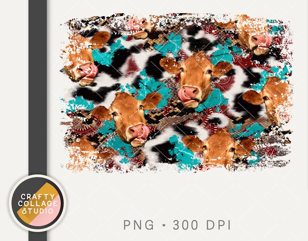 Western Cow PNG Sublimation Design, Cowhide Png, Cow Face, Turquoise ...