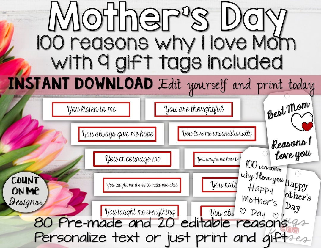 Printable Mother's Day Gift - 100 Reasons Why I Love You - Etsy