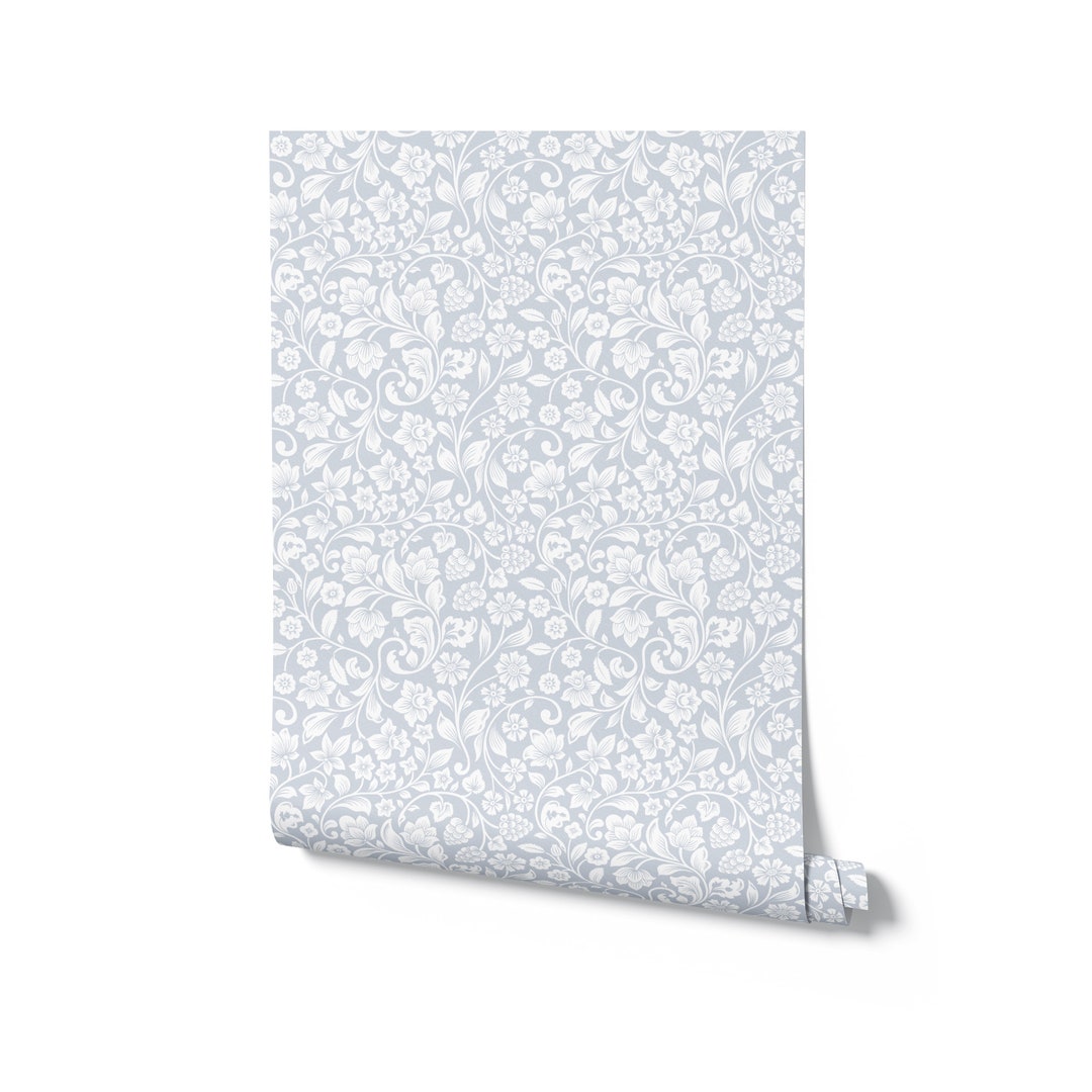 Faded Blue Vintage Floral Wallpaper - 25". Bedroom Wallpaper. Removable ...