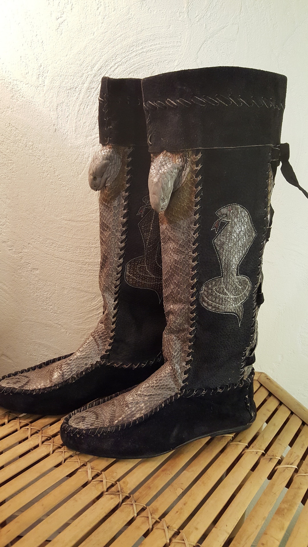 Black Suede and Gray Reptile Leather Knee-high Boots With Genuine ...