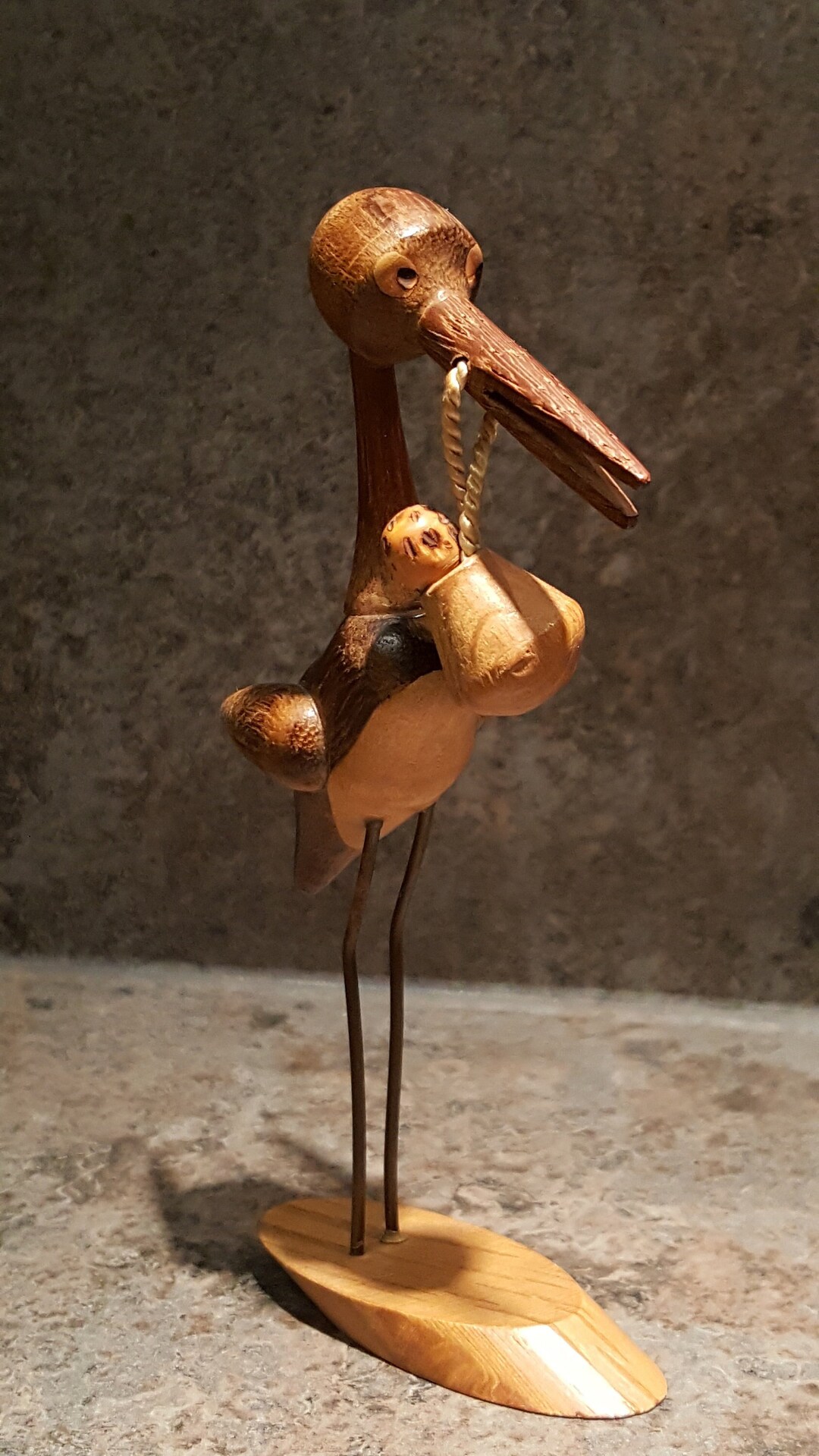 Handmade Wooden Stork With Baby Birth Figurine Toy Vintage Collectible ...