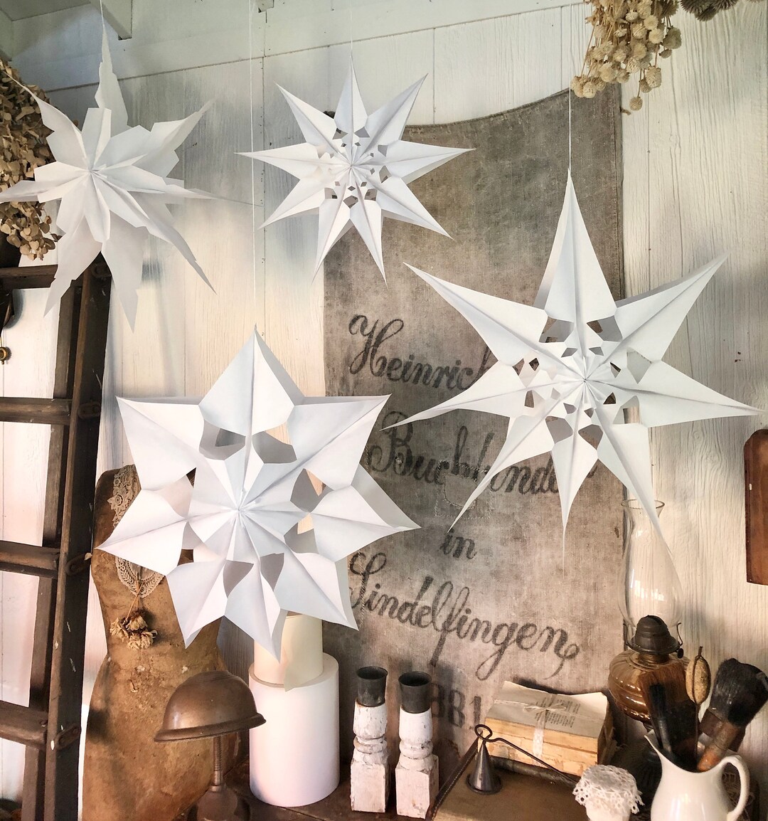 White Paper Star Snowflakes Set/3, Handmade, Paper Star, Paper Bag ...