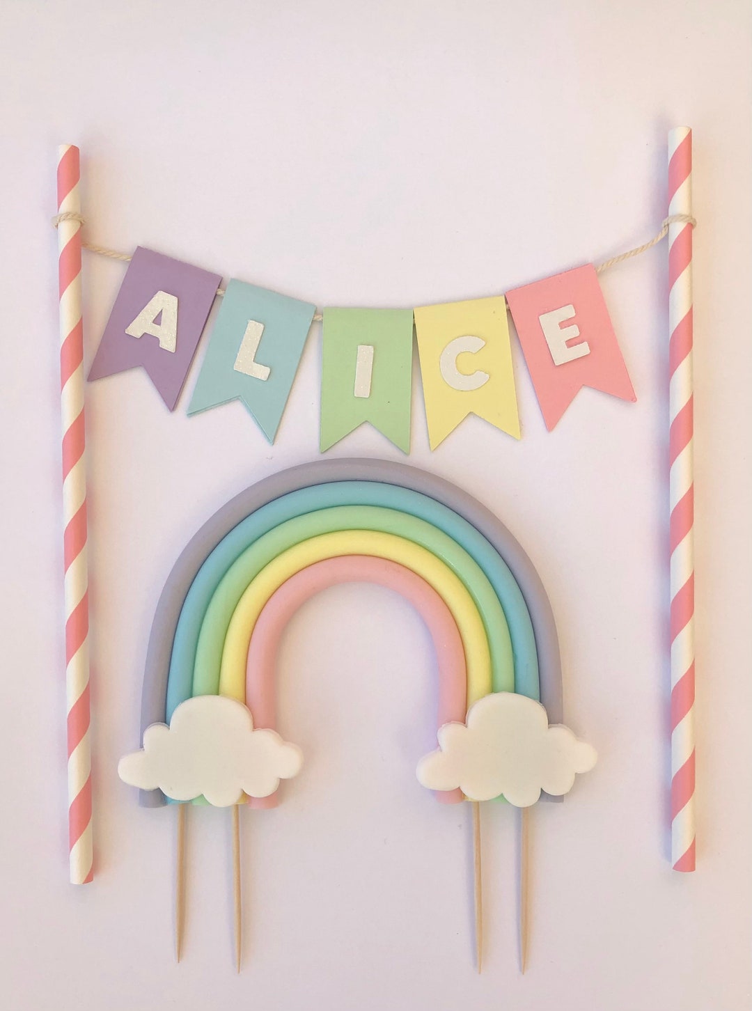 Edible Rainbow Cake Topper Decoration With Personalised Cake Bunting ...