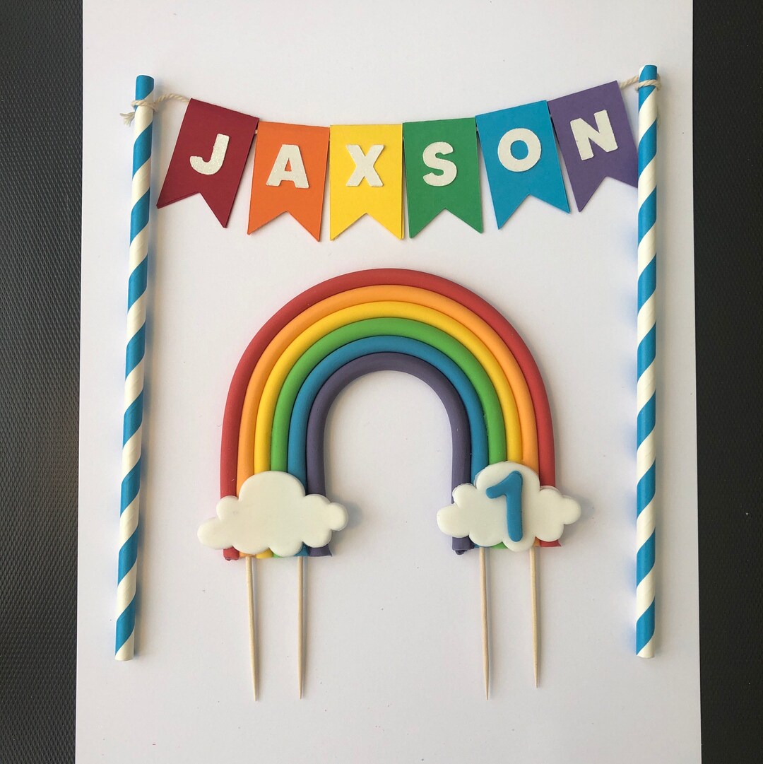 Edible Rainbow Cake Topper Decoration With Personalised Cake Bunting ...