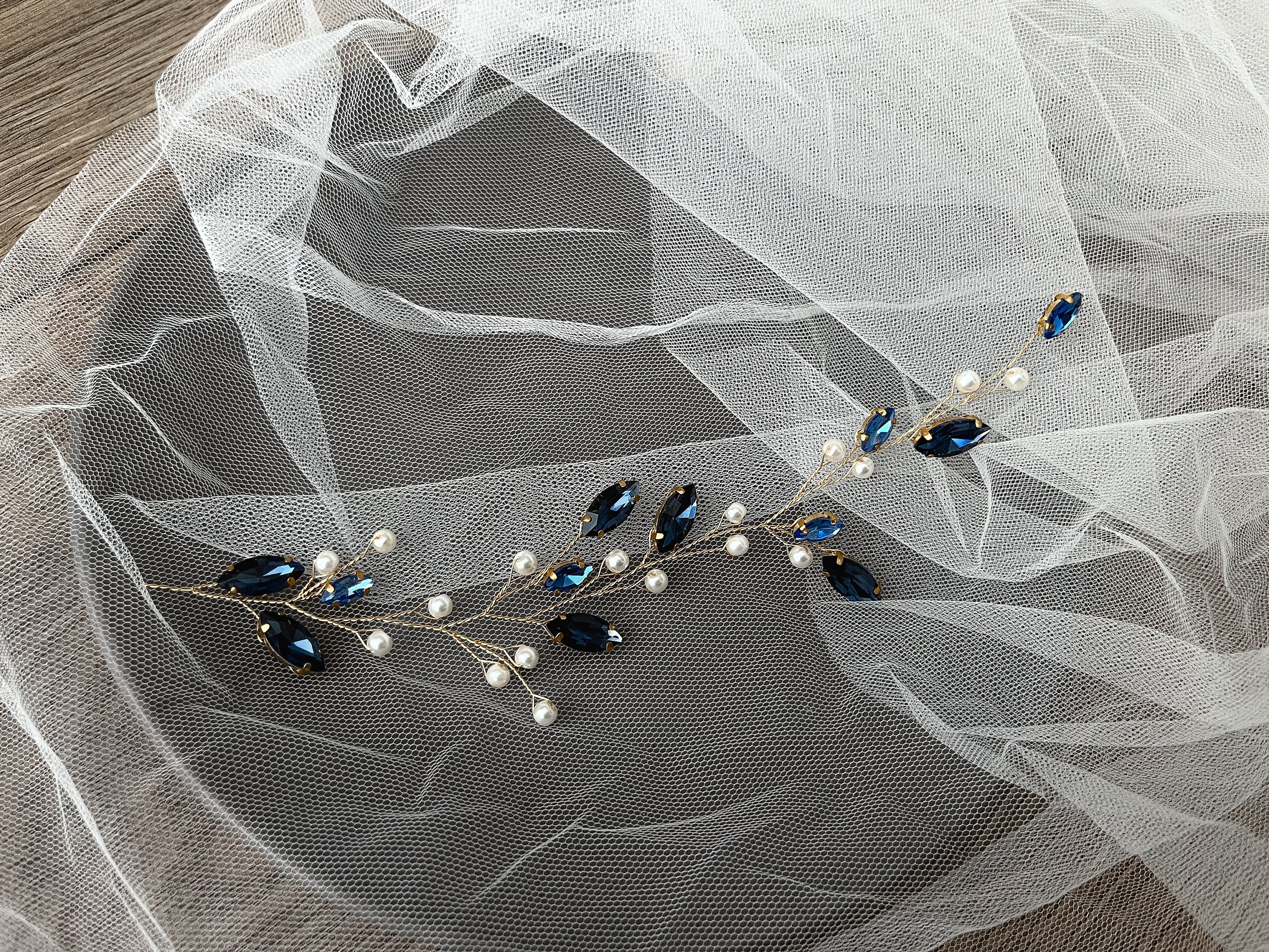 Navy Blue Bridal Hair Vine, Rhinestone & Pearl Hair Piece - Etsy