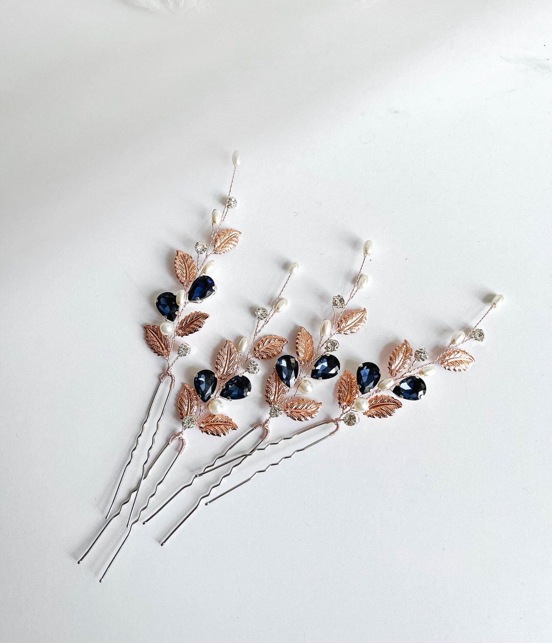Navy Blue Hair Pins-rose Gold Hair Pins-navy Blue Hair Piece-something ...