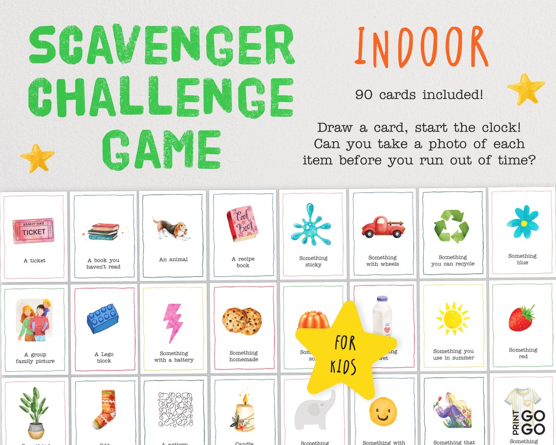 Indoor Scavenger Challenge Game for Kids Draw a Card Start - Etsy