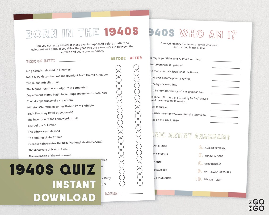 Born in 1940s 80th Birthday Quiz 1940s Trivia Quiz Born - Etsy UK