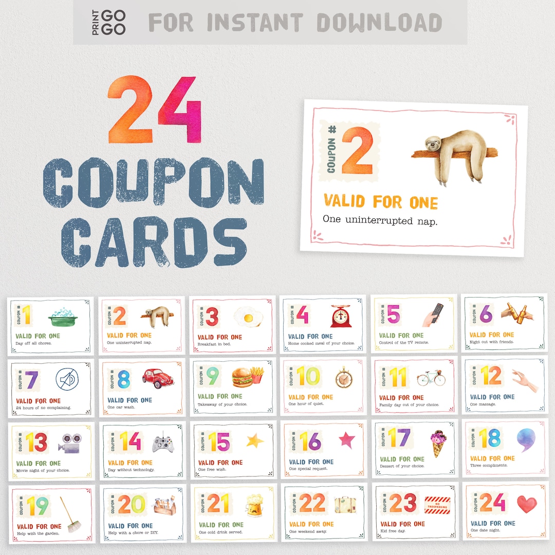 Printable Coupon Cards for Adults | Coupon Book | Adult Reward Tokens ...