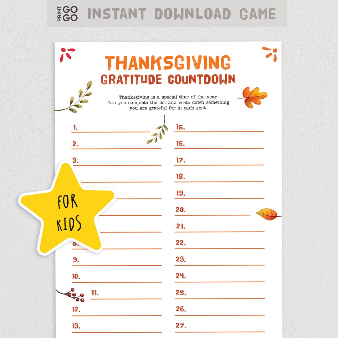 Thanksgiving Gratitude Countdown for Kids | Thanksgiving List ...