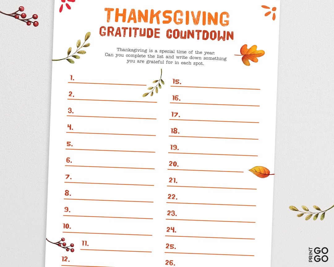 Thanksgiving Gratitude Countdown for Kids Thanksgiving List - Etsy