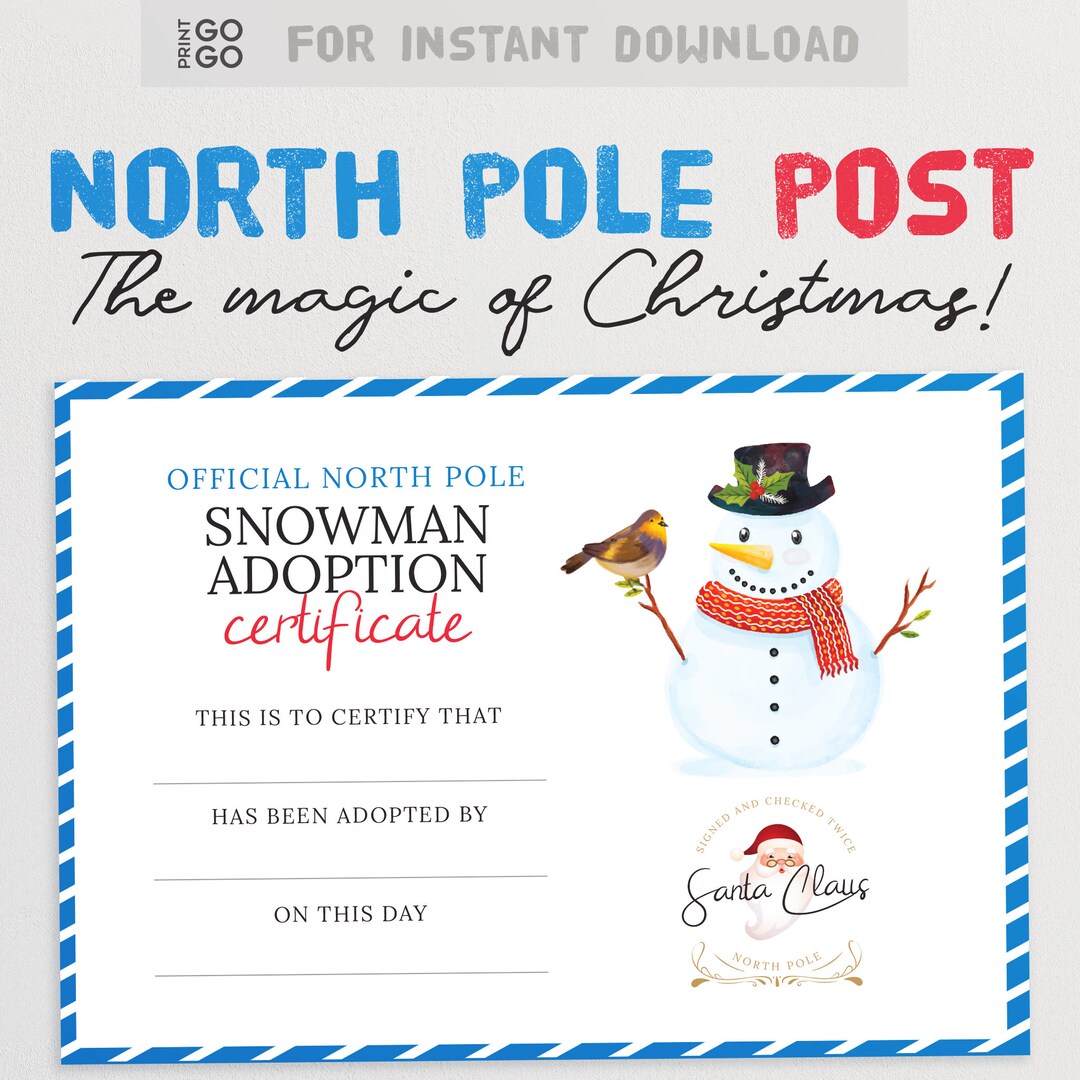 Snowman Adoption Certificate | North Pole Xmas Printable | Christmas ...