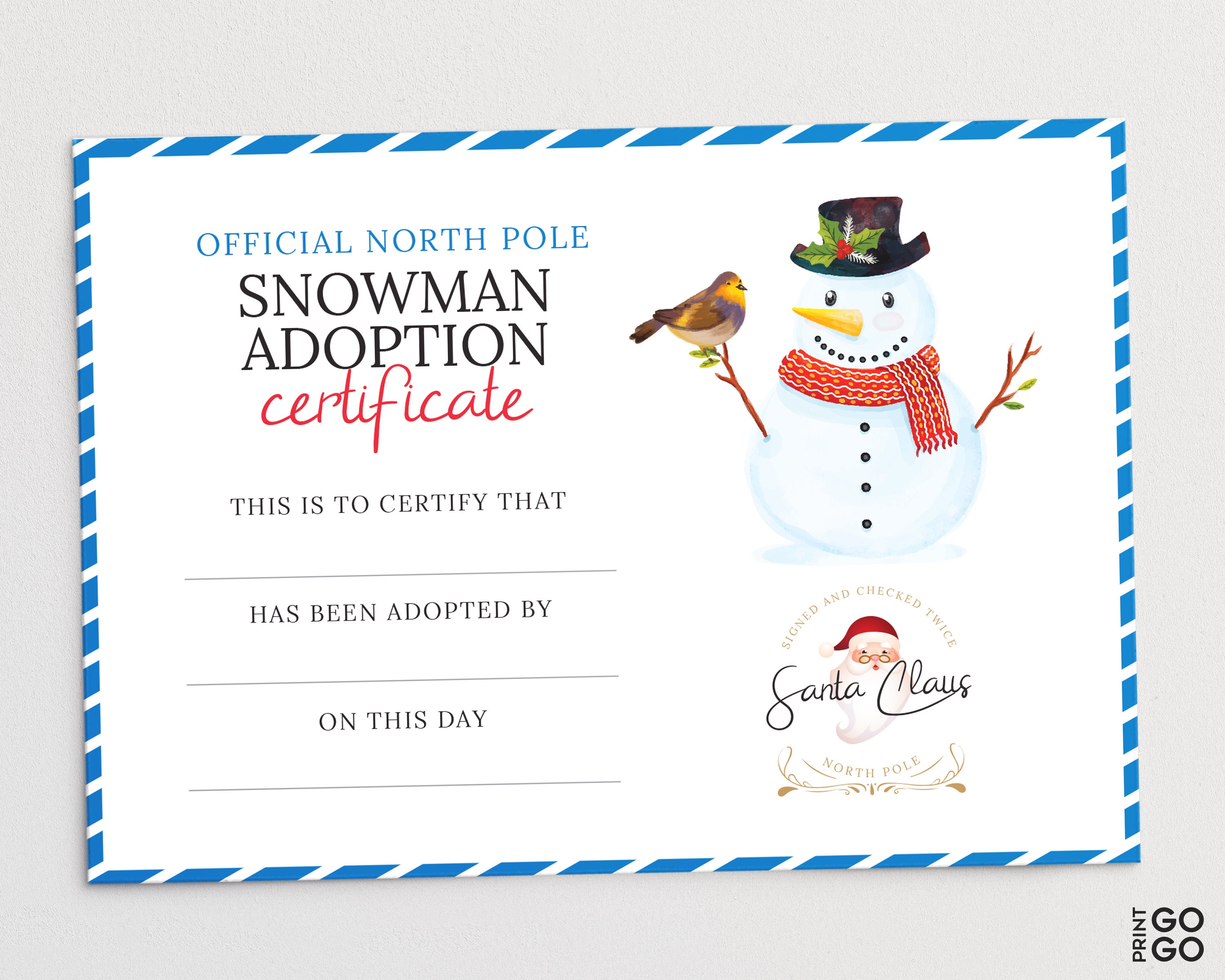 Snowman Adoption Certificate North Pole Xmas Printable | Etsy