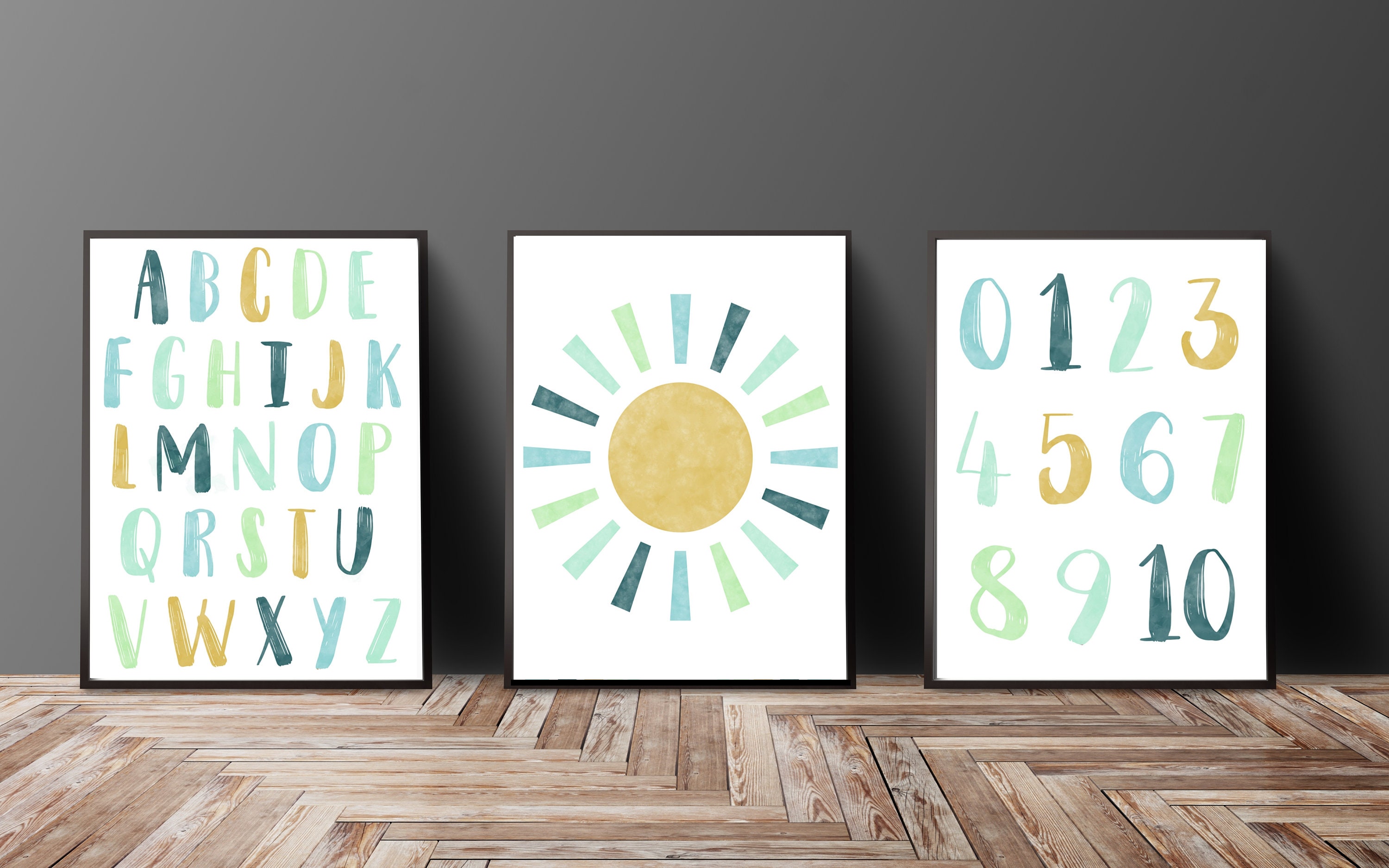 Set of Three Neutral Alphabet Poster Sunshine Boho Watercolor Kid ...