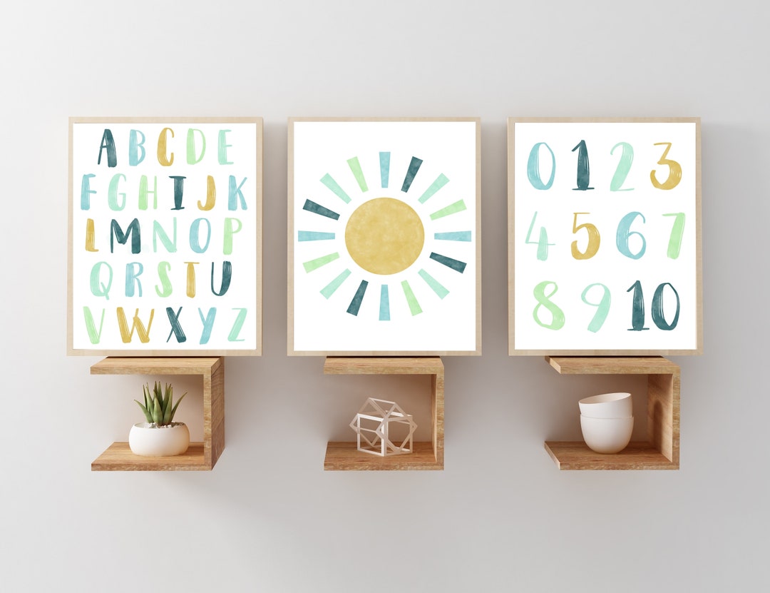 Set of Three Neutral Alphabet Poster Sunshine Boho Watercolor Kid ...