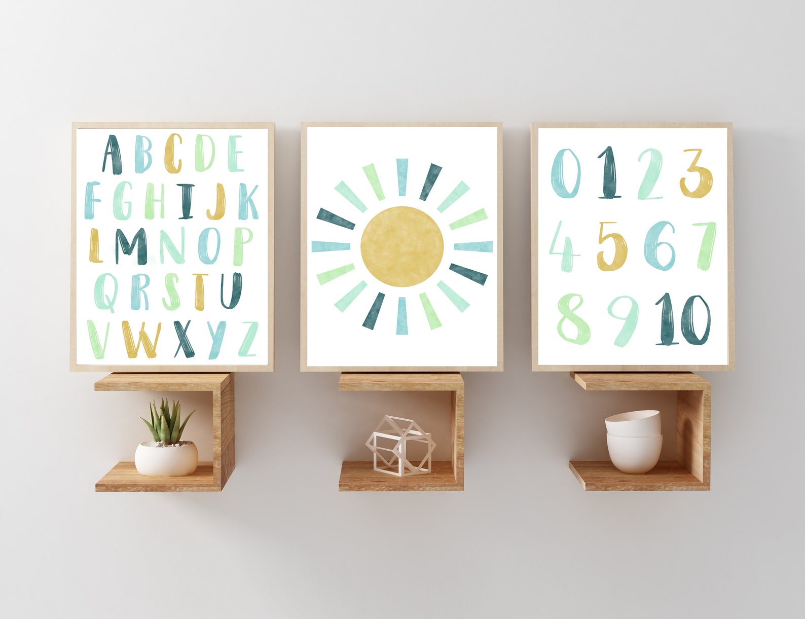 Set of Three Neutral Alphabet Poster Sunshine Boho Watercolor Kid ...