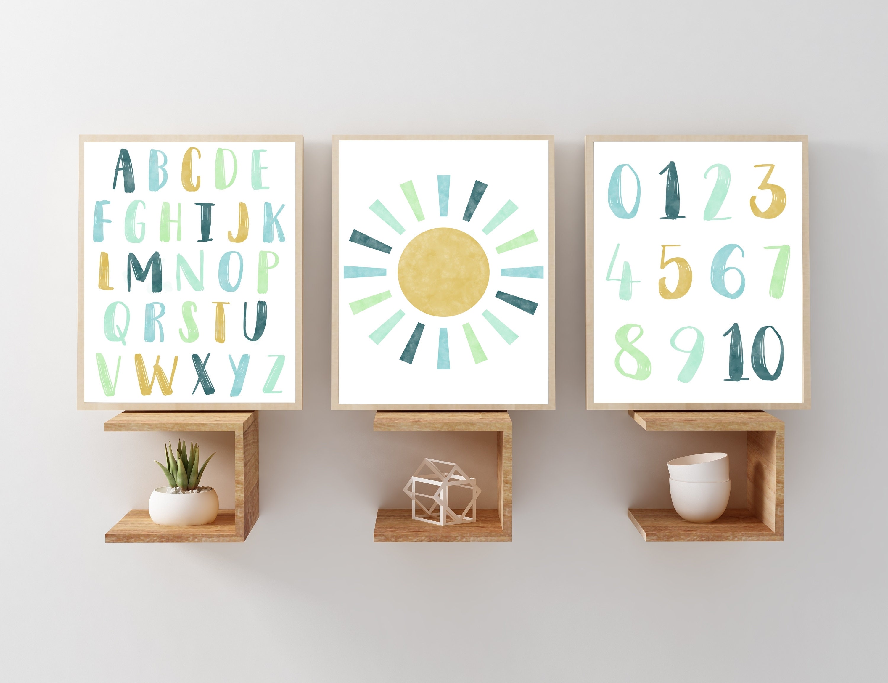Set of Three Neutral Alphabet Poster Sunshine Boho Watercolor Kid ...