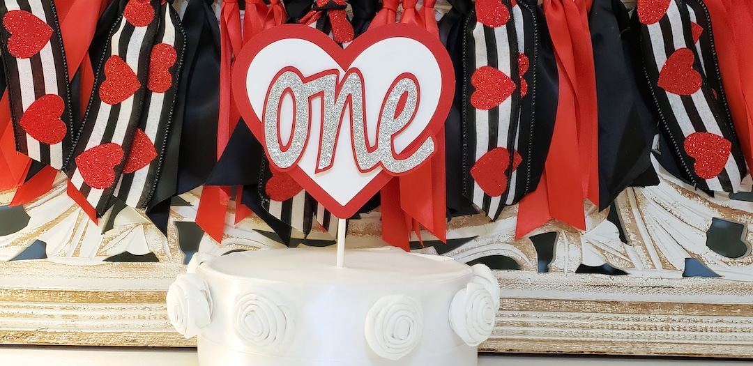 Red and Silver Heart Birthday Cake Topper, ONE Heart Smash Cake Topper ...