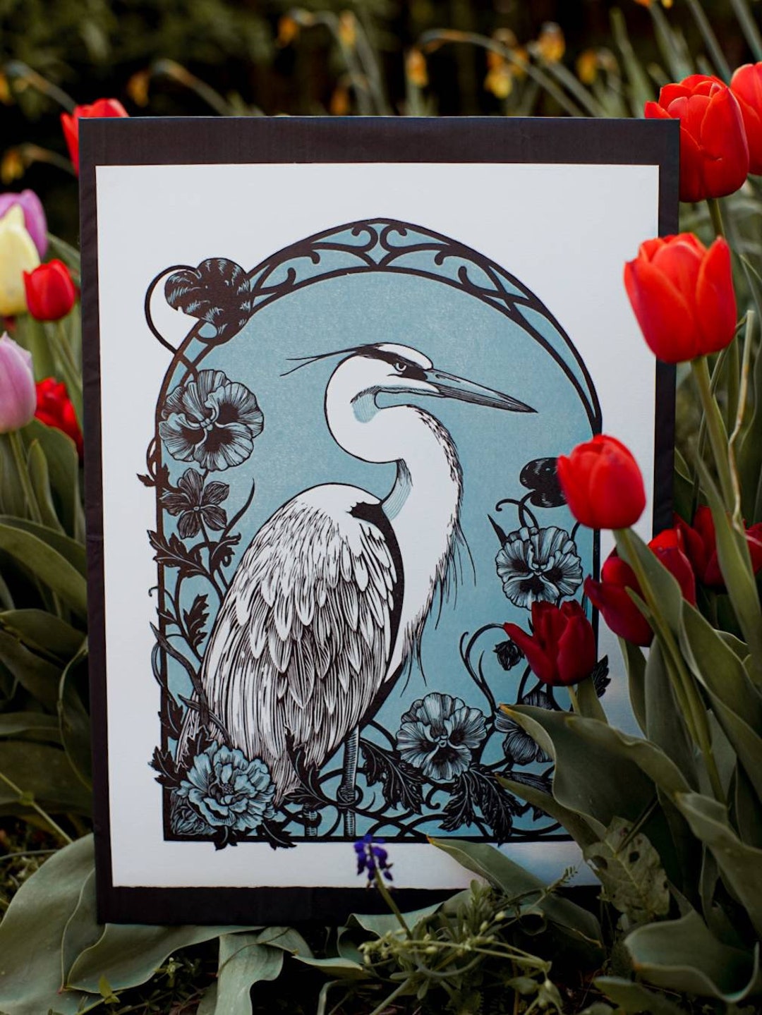 Heron - Handmade Linocut Print - Etsy