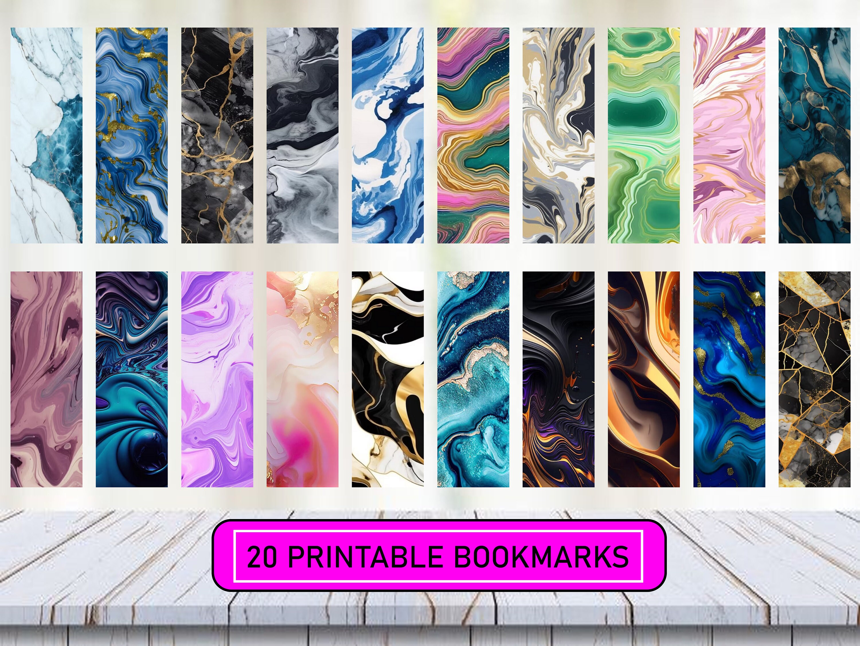 20 Beautiful Marble Pattern, Printable Bookmarks Bundle, Set of 20 PNG ...