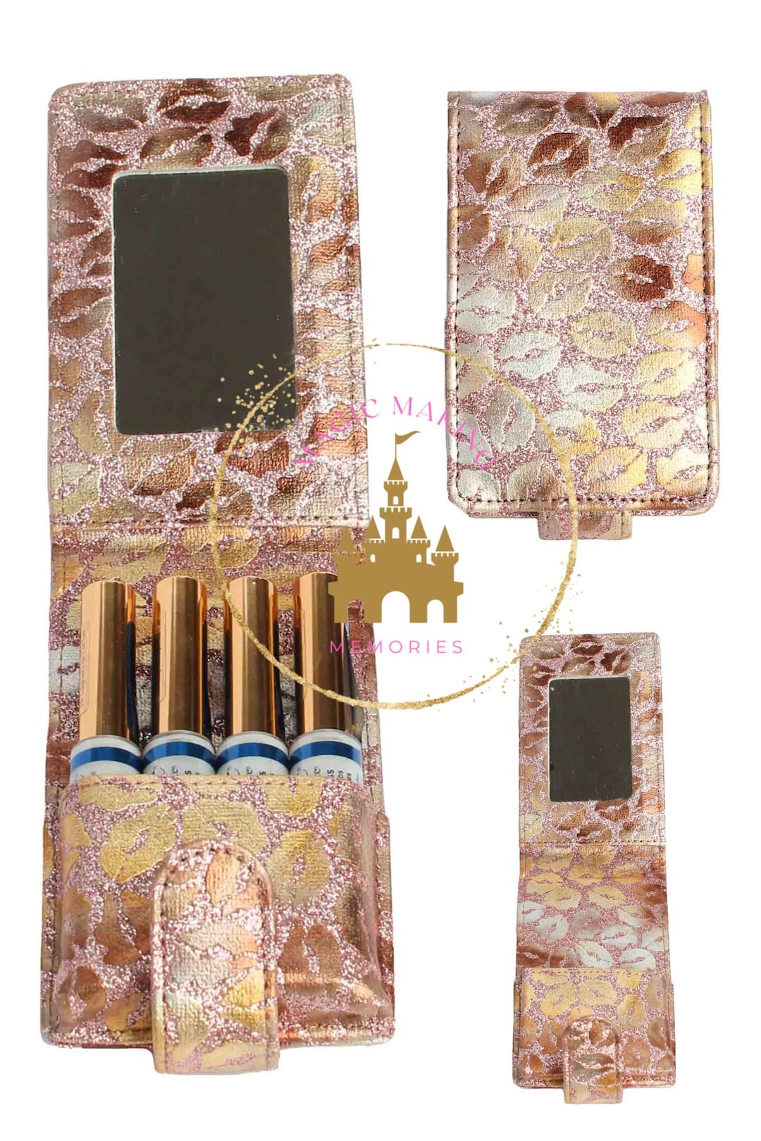 Rose Gold With Gold Glitter Lips Mirrored Flip Carrying Case Pouch ...