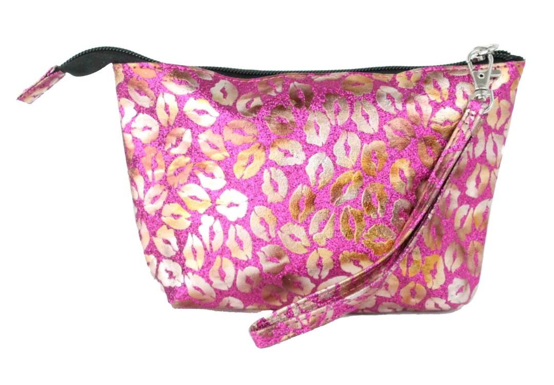 Pink Gold Glitter Lips Zippered Lipstick Carrying Case With Elastic ...