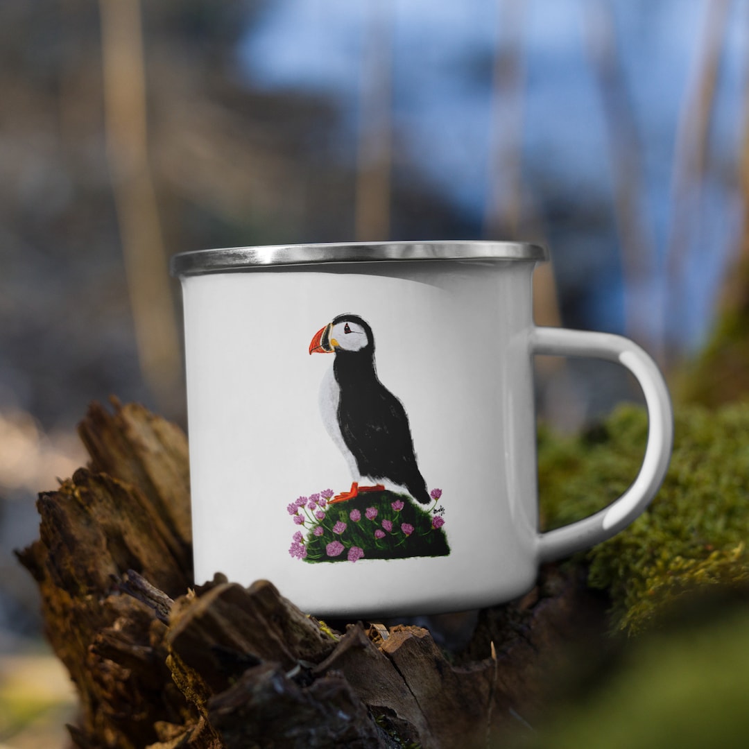Puffin Enamel Mug, Camper Puffin Mug, Outdoor Mug, Irish Mug, Skellig ...